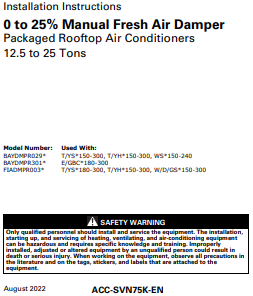 0 to 25% Manual Fresh Air Damper Precedent 12.5 to 25 Tons – Trane ...