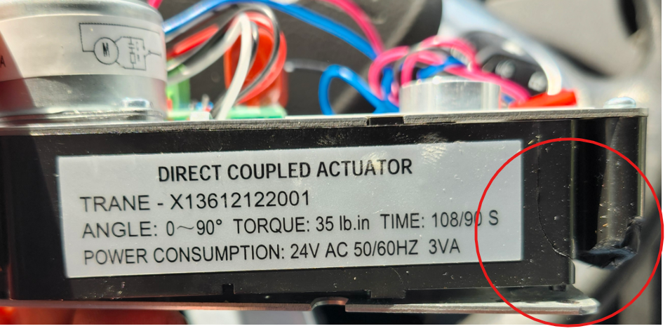 VAV box with factory-mounted direct coupled actuator housing failure ...