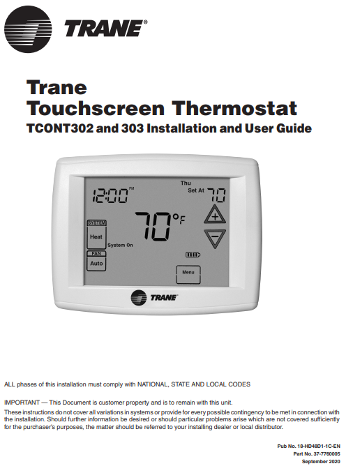 Trane Touchscreen Thermostat TCONT302 and 303 installation and user ...